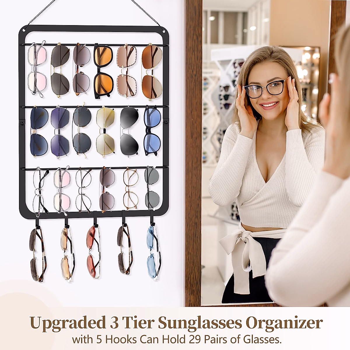 3 Tier Sunglasses Organizer Storage Wall Mounted, GLEDICH Upgraded Hanging Glasses Holder for Wall and Door with 5 Hooks, Metal Eyeglasses Rack Multiple Eyewear Display Hanger - Holds Up to 29 Glasses