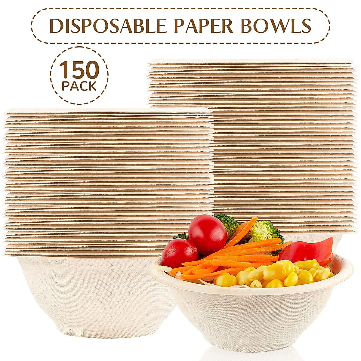 ZORRITA 150 Pack 8 oz Paper Bowls Disposable Small Compostable Soup Bowls Natural Sugarcane Biodegradable Bowls for Ice Cream, Desserts, Pet Food