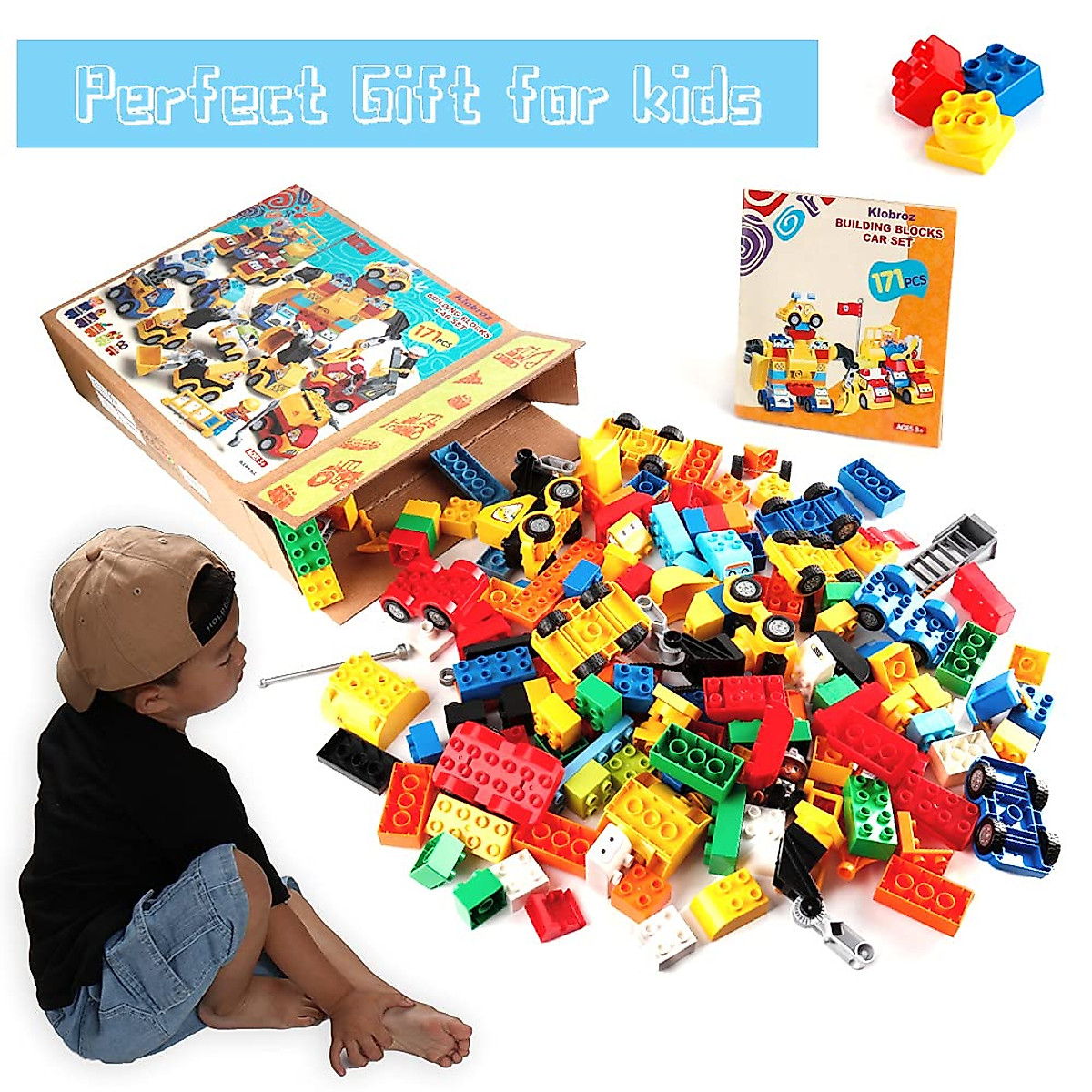 Klobroz Building Blocks for Toddlers 2-5, 171 Pieces Building Blocks Car Set for Kids Classic Large Building Bricks Compatible with All Major Brands Educational Toys Blocks for All Ages