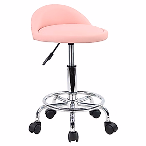 KKTONER PU Leather Round Rolling Stool with Foot Rest Height Adjustable Swivel Drafting Work SPA Task Chair with Wheels (Pink)