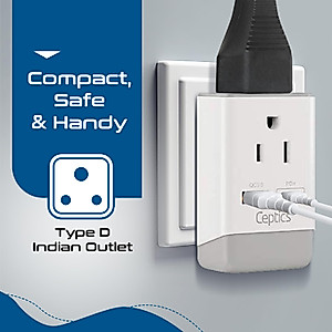 Ceptics US to India Plug Adapter, Type D Plug Adapter QC 3.0 & PD, Safe Dual USB & USB-C 18W, India Plug Adapter Fast Charging - Powerful 2 USA Sockets - Use in Pakistan Nepal Sri Lanka - AP-10