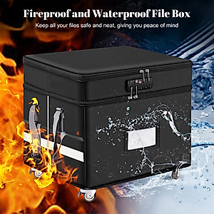 Fireproof Document Box with Lock, 2 Layer File Organizer Box with Wheels, Collapsible Safe File Box Document Organizer for Home Office,Rolling File Cabinet for Hanging Letter/Legal Folder