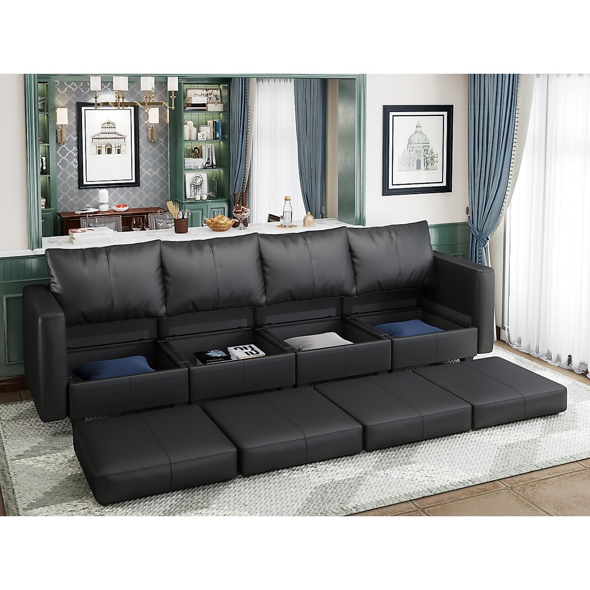 EASE MOOSE Modular Sectional Couch with Storage Seats, 4 Seat Faux Leather Convertible Modular Sofa Sectional Sofa Couch with Reversible Chaises for Small Spaces