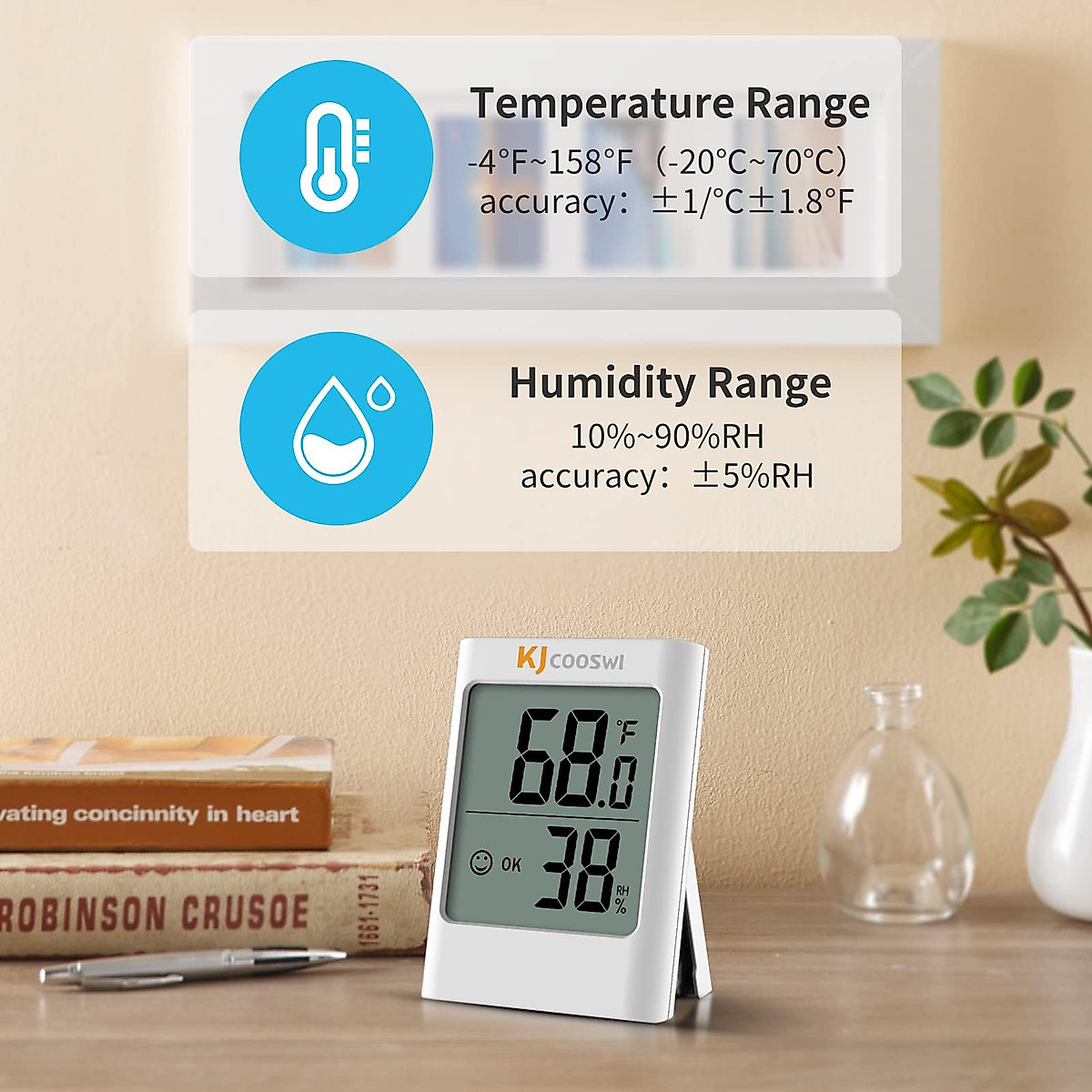 Humidity Gauge, 2 Pack Indoor Thermometer for Home Digital Hygrometer Room Thermometer and Humidity Gauge with Temperature Humidity Monitor AAA Battery Powered(Color: Black and White)