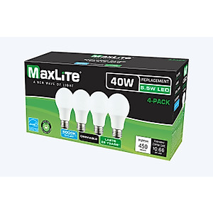 MaxLite LED Enclosed Rated Omnidirectional A-Lamp, 5.5W DIM LED A19 5000K 4 Pack, White (E5.5A19D50/4P/WS)