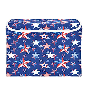 DIGTIA American July 4th Storage Bins with Lids Large Usa Flag Stars Storage Basket with Handles Foldable Fabric Storage Box Organizer for Clothes Toys Closet Cabinet Home Office Bedroom