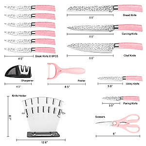 Kitchen Knives Set, High Carbon Stainless Steel Knife Set 15 PCS, Super Sharp Cutlery Knife Set with Clear Acrylic Stand, Sharpener Knife Block Set, Pink Knife Set