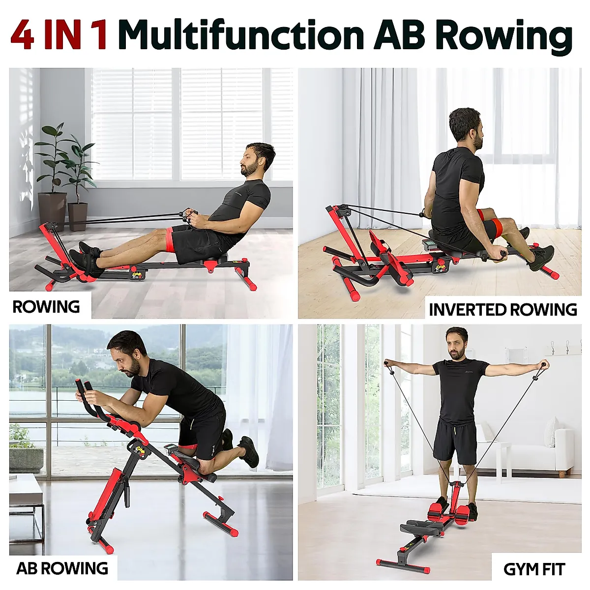 4 in 1 Rowing Machine with Adjustable Resistance Bands, Multifunction Rower Abdominal Fitness Equipment, Full Body Workout Machine for Home Gym