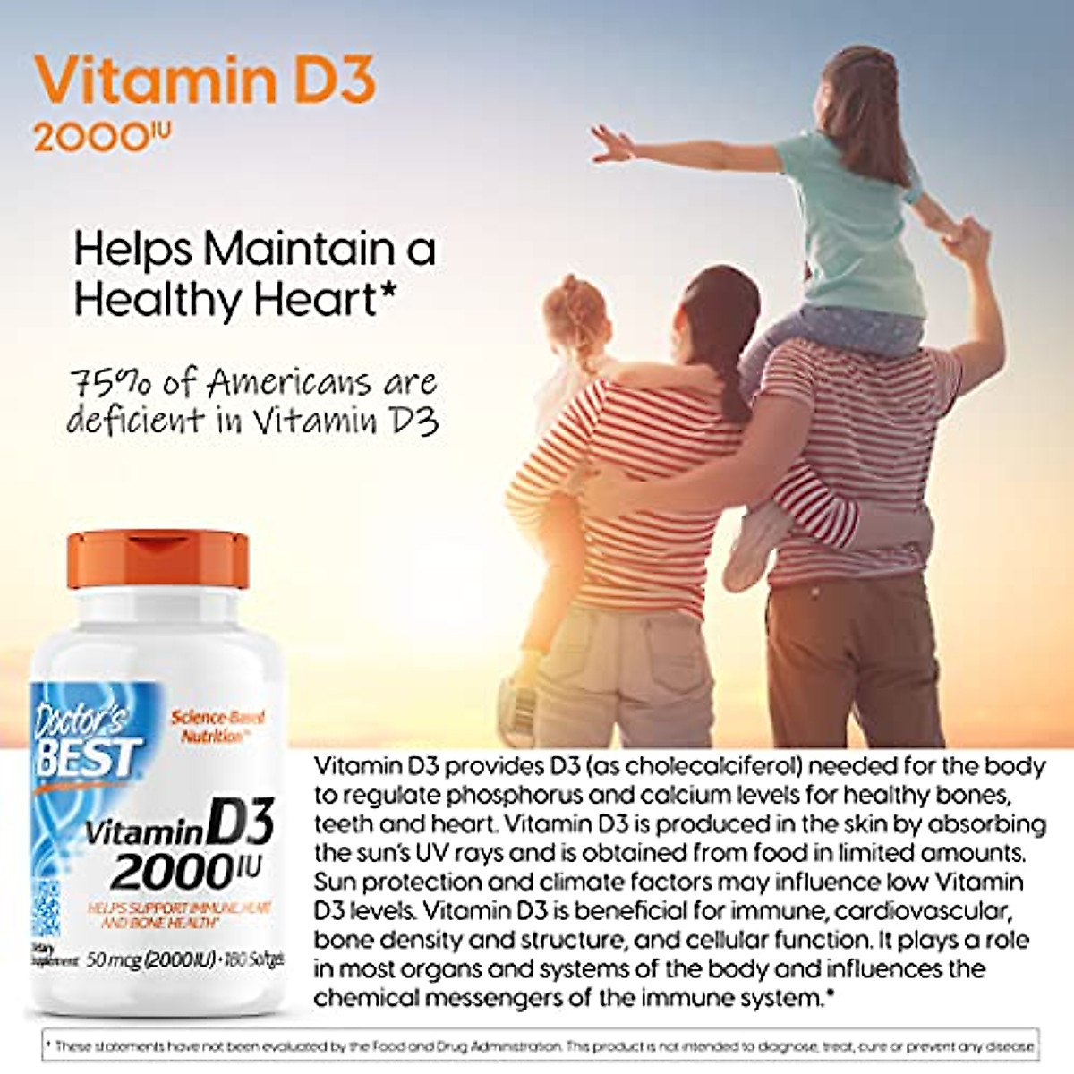 Doctor's Best Vitamin D3 2 000 IU Healthy Bones Teeth Heart Immune Support NonGMO GlutenFree Soy Free , 180 Count