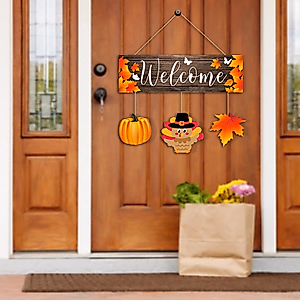 Thanksgiving Door Sign,Thanksgiving Turkey Hanger for Front Door,Fall Turkey Pumpkin Welcome Hanging Decorations, Thanksgiving Day Autumn Wooden Wreath Wood Plaque for Fall Harvest Party Decor