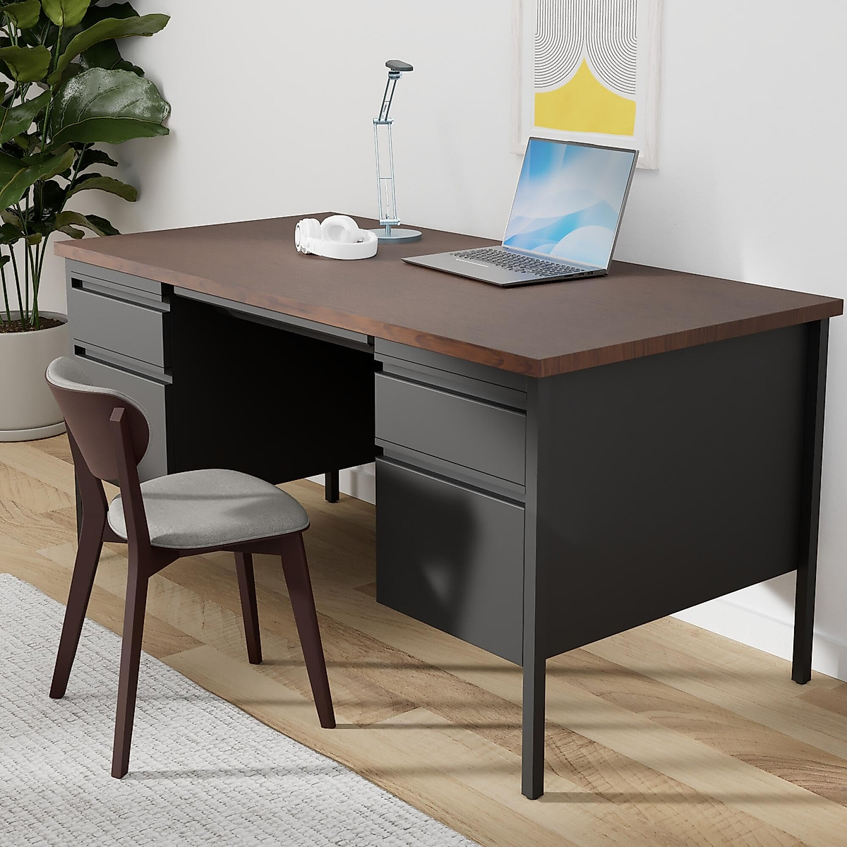 Lorell Fortress Series Double Pedestal Desk, 60" x 30" x 29.5", Black Steel Frame with Walnut Top