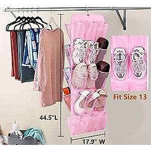 AOODA Hanging Kids Shoe Organizer for Closet Rod Double Sided 30 Large Pockets Baby Shoe Rack for Toddler Shoe Holder With Rotating Hanger For Barbie, Baby Nursery, (Pink)