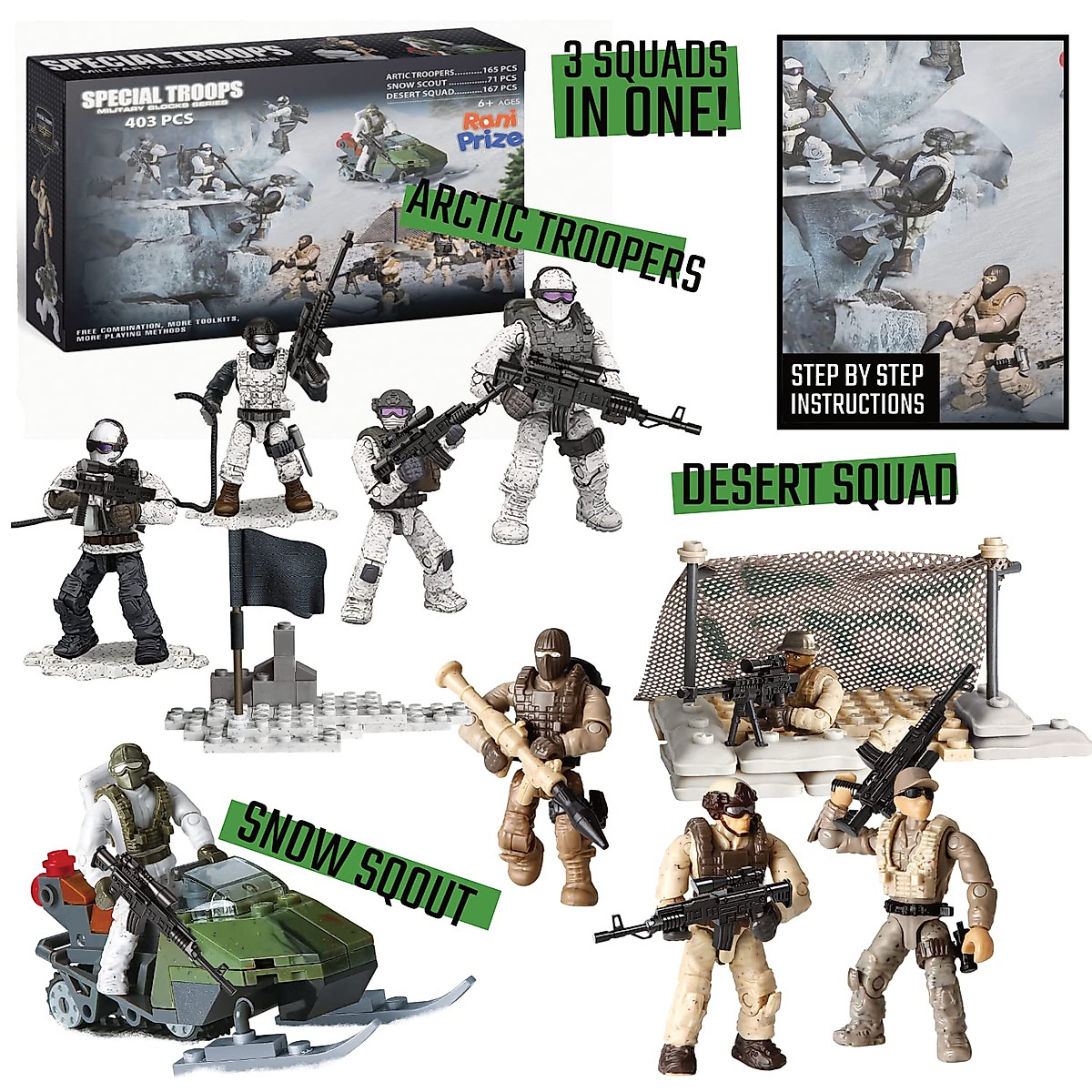 Special Forces Mini Action Figures Includes 3 Army Building Sets with 9 soldiers Arctic Troopers Snowmobile Scout Desert Squad Special Troops Toy Gifts 10+ Kids & parents - Quality Family Time 403 Pcs
