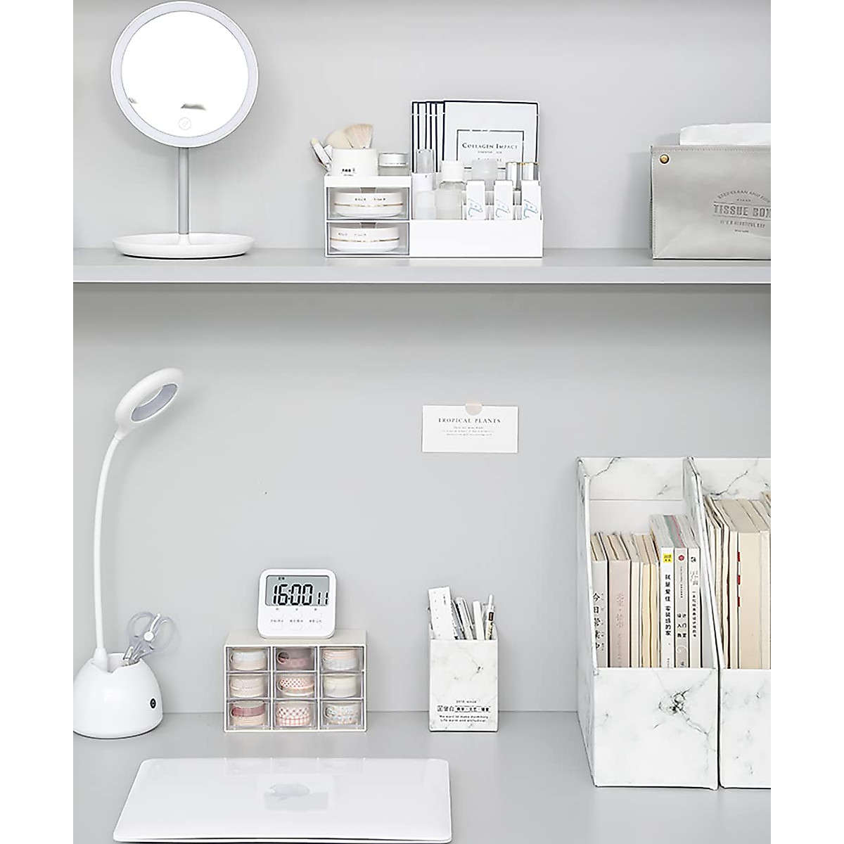 ICCGBHGO Cosmetic Organizer, Makeup Skincare Small Vanity Desk Accessories Dresser Countertop Beauty Organizer Holder Storage Case Display Box with Drawer for Bathroom Office Supplies White.