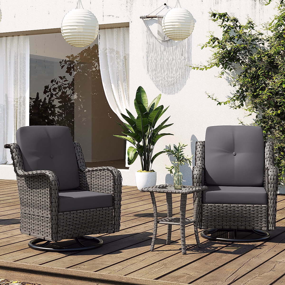 UIXE 3 Pieces Outdoor Swivel Rocking Chairs Patio Furniture Sets, PE Wicker Patio Swivel Rocker Chair Glider Bistro Set with Side Table & Thick Cushions for Porch, Pool, Deck, Garden - Dark Gray