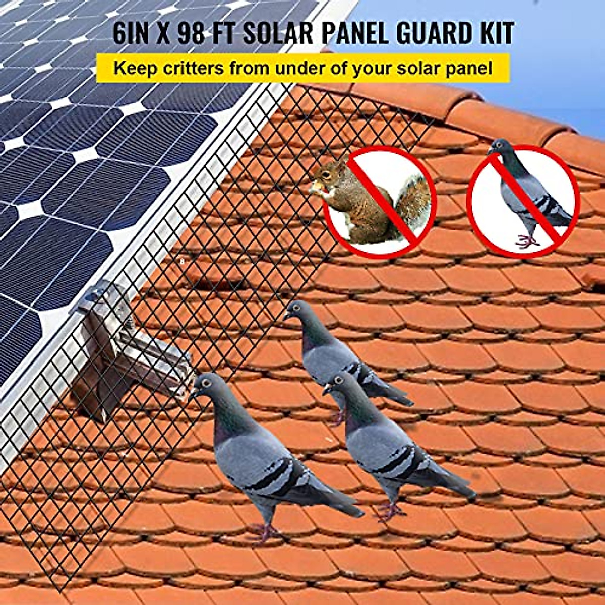 VEVOR Solar Panel Bird Guard 6inch PVC Coated Mesh Roll Kit, Critter Fence,Pigeon Proofing, Black, 6in x 98ft with 100pcs Fasteners, 50pcs Tie Wires
