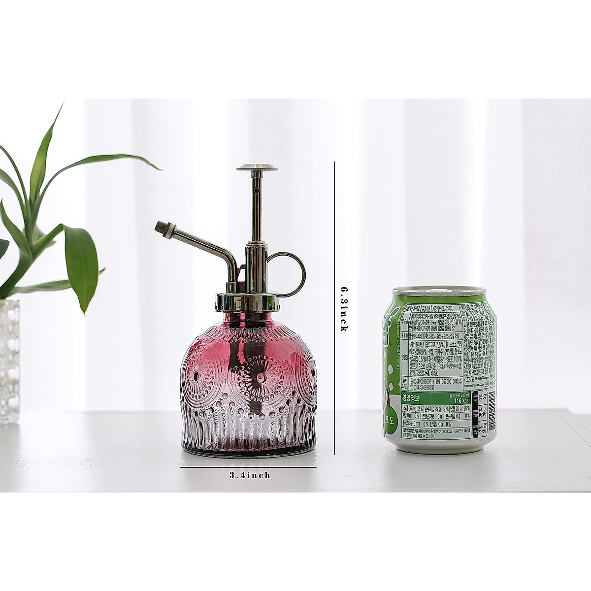 Glass Plant Mister Spray Bottle, 6.3inch Tall Vintage Plant Spritzer Watering Can, Succulent Watering Bottle with Top Pump, Plant Mister Glass Watering Garden Tool (Grey Red Gradient)