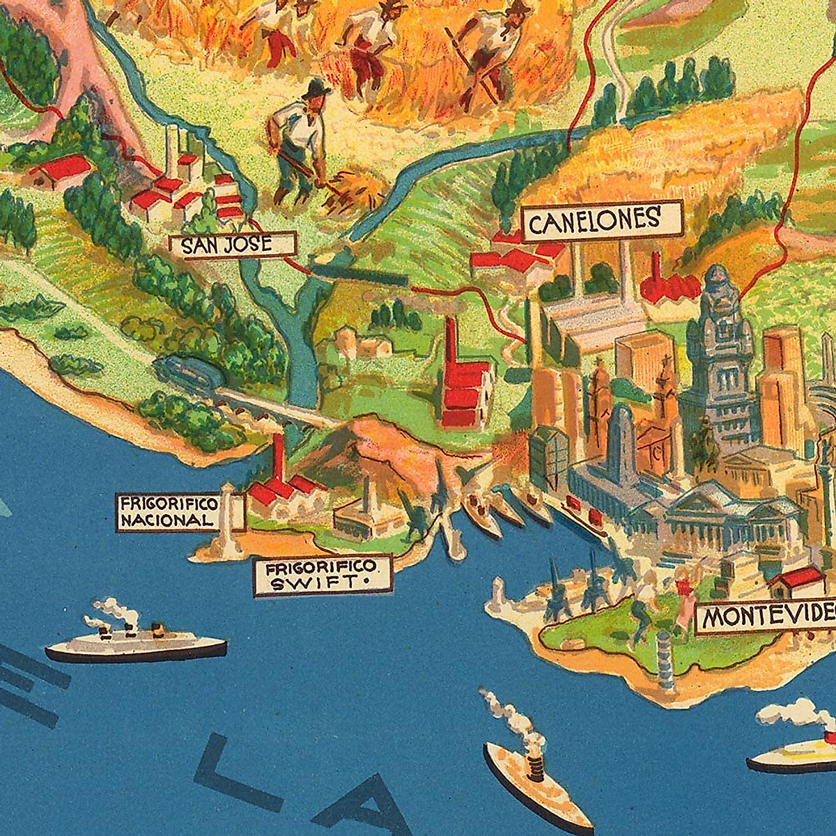 Map of Uruguay, South America circa 1936 - Oriental Republic of Uruguay - measures 24 inches x 24 inches (610mm x 610mm)