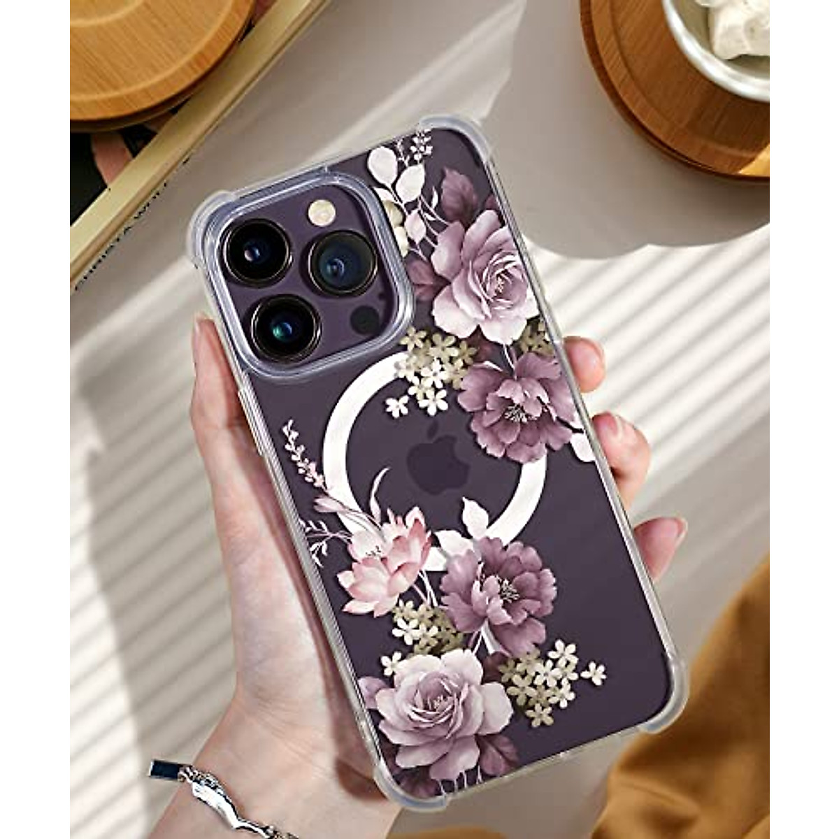 GVIEWIN iPhone 14 Pro Case with Screen Protector & Camera Lens Protector, [Compatible with MagSafe] Clear Floral Shockproof Protective Hard PC+TPU Bumper Women, Cherry Blossoms/Purple