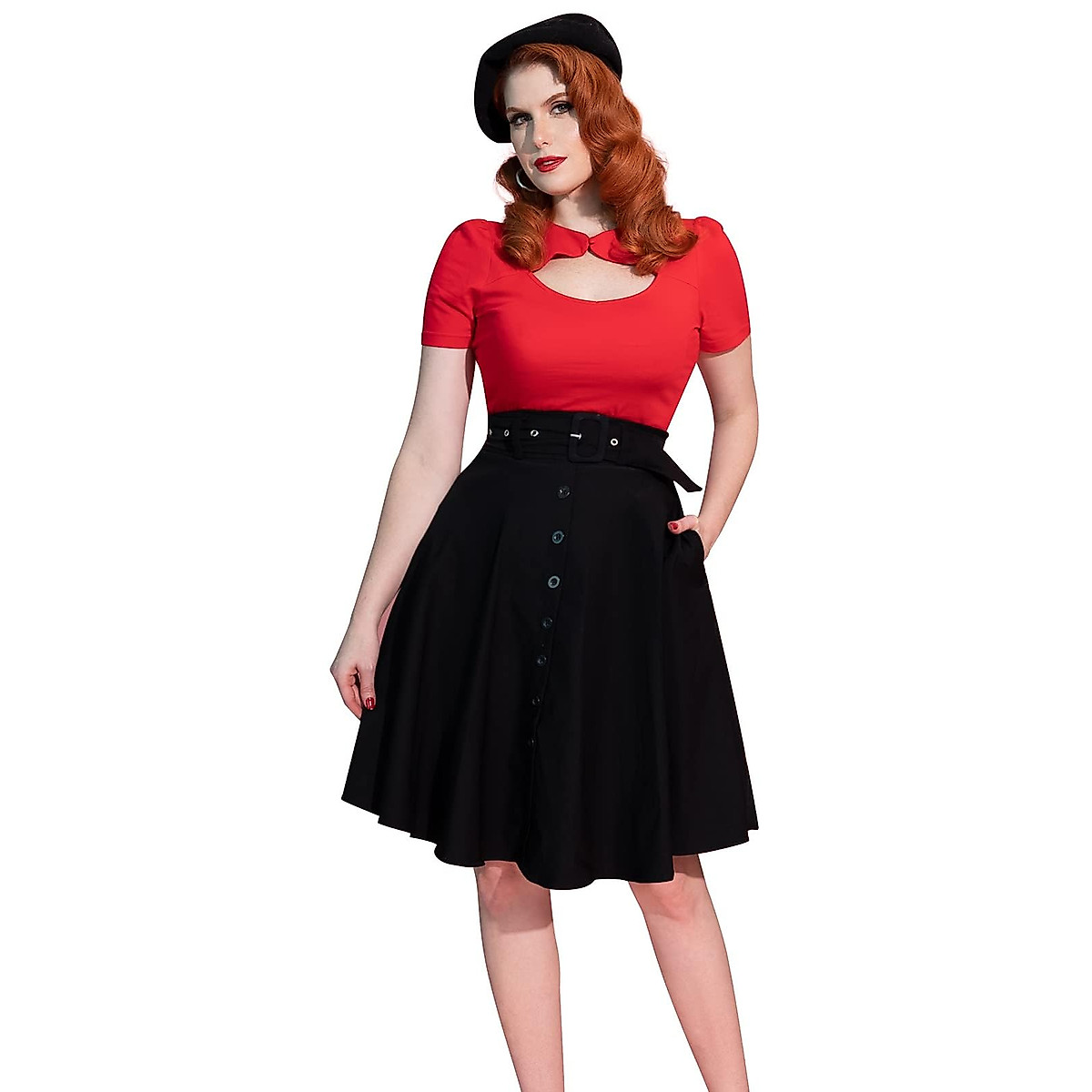 Women's Vintage High Waisted A-Line Skirts Flowy Long Skirt with Pockets and Belts Black XL
