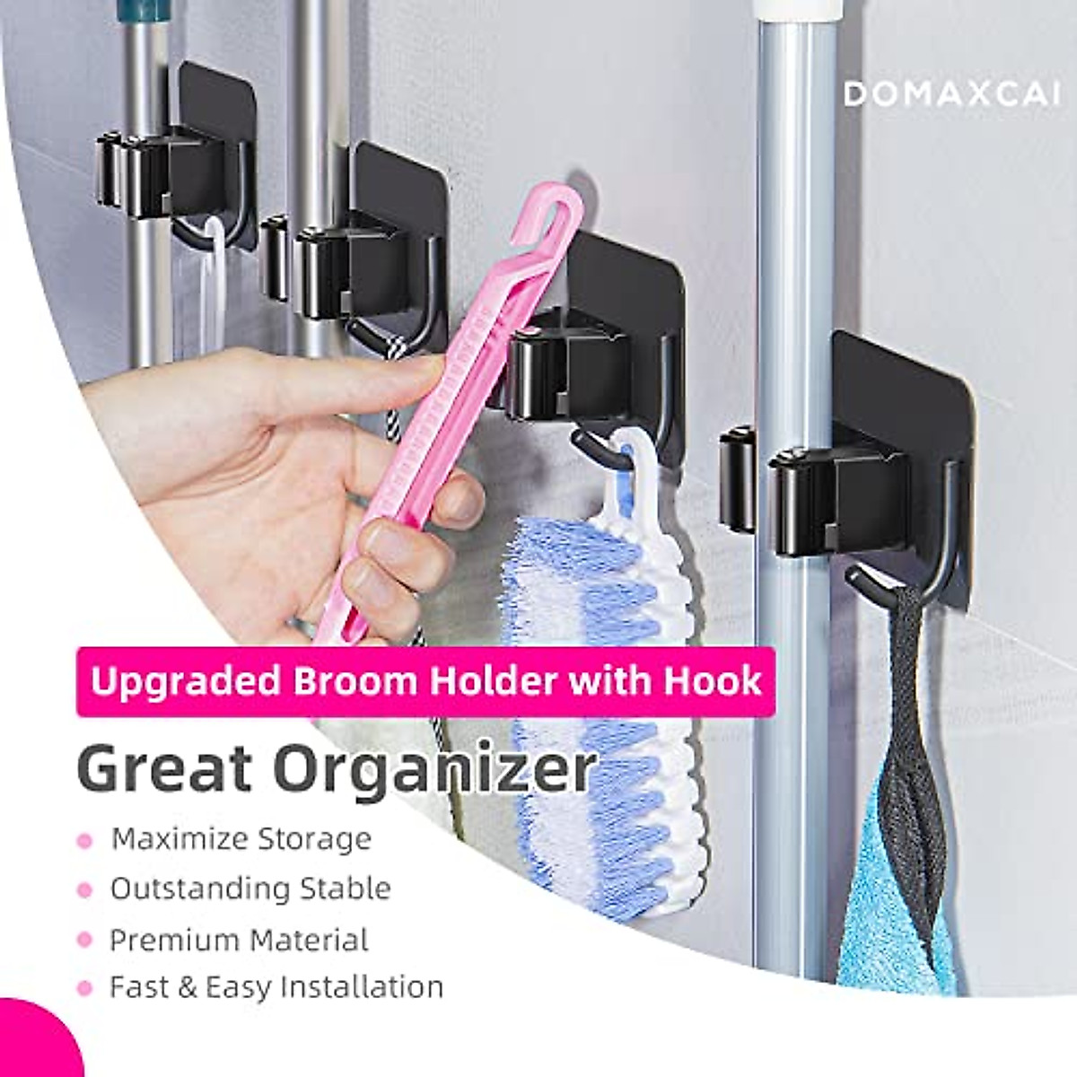 DOMAXCAI 4 Pack Broom Holder Wall Mount, Upgraded Broom Holder, Super Anti-Slip Mop and Broom Holder Wall Mount, Self Adhesive Broom Hanger Gripper for Bathroom, Garage Laundry Room Storage, Black