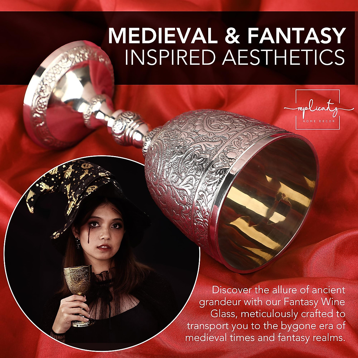 REPLICARTZ Chalice Goblet Communion Cup - Halloween Brass Gold Wine Glasses - Elegant Catholic Gothic - King Arthur Medieval Decor Drinkware - Christmas, Wedding Chalice Gifts, 210 ml, 7.10 oz