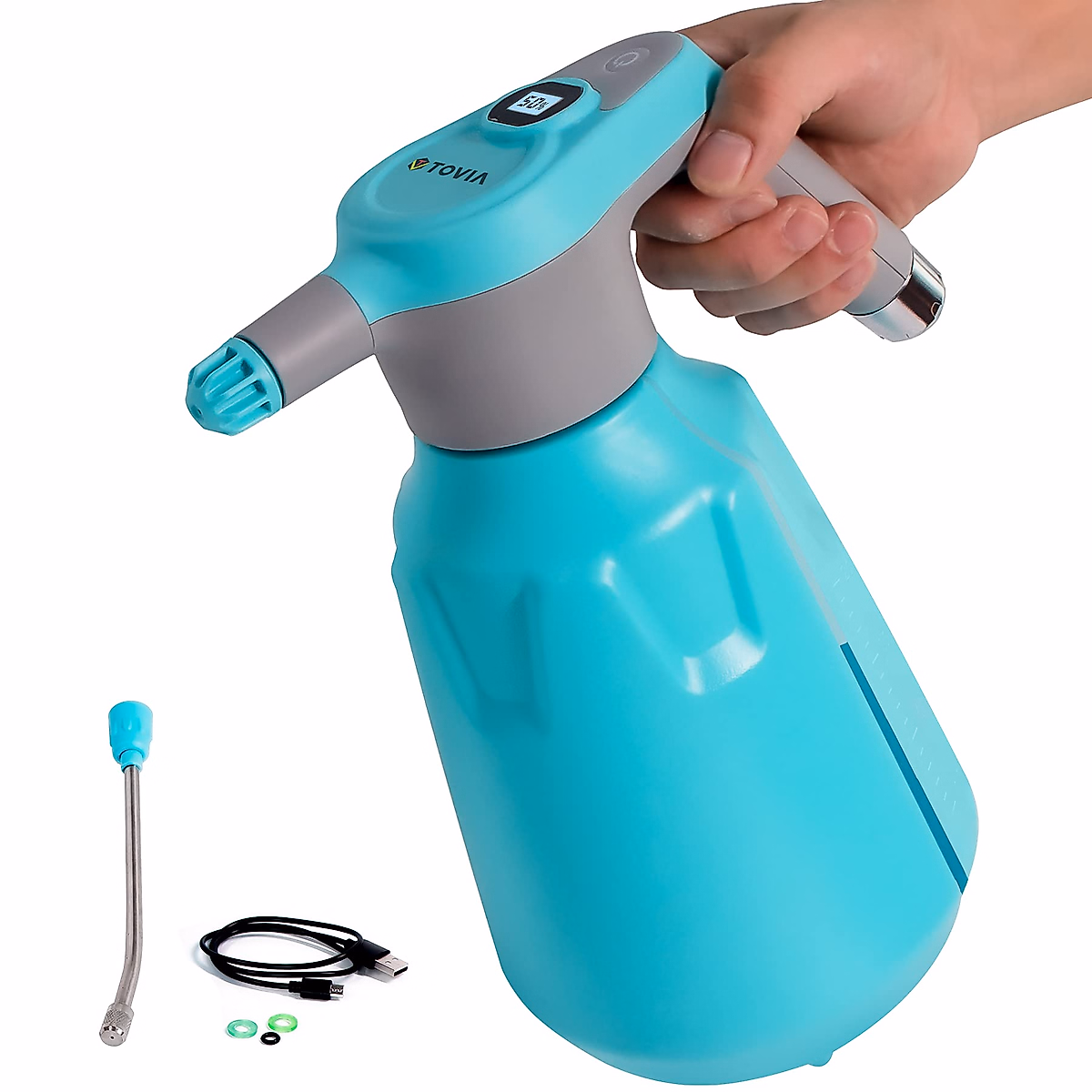 0.5 Gallon/2L Battery Powered Sprayer, T TOVIA Electric Sprayer with Adjustable Mist Nozzle and Extension Nozzle, USB Rechargeable Automatic Spray Bottle for Plants, Household Cleaning