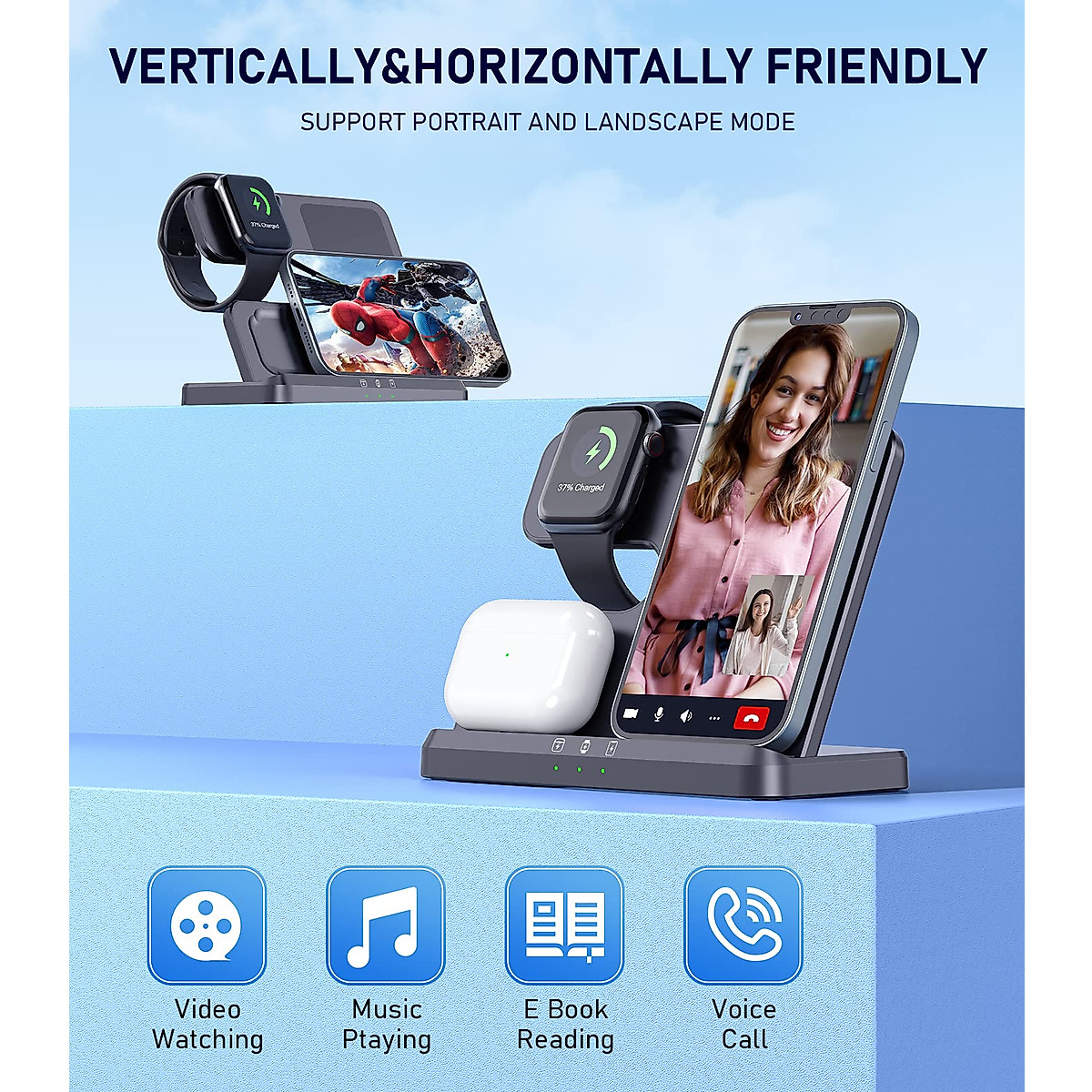 3 IN1 Wireless Charging Station Apple,20W Fast Wireless Charger Stand, iPhone Wireless Charger Station Dock for iPhone14-11/Pro/Max/Mini/X/XR/8/Plus,Airpods Pro/3/2,Apple Watch Series (18W Adapter)