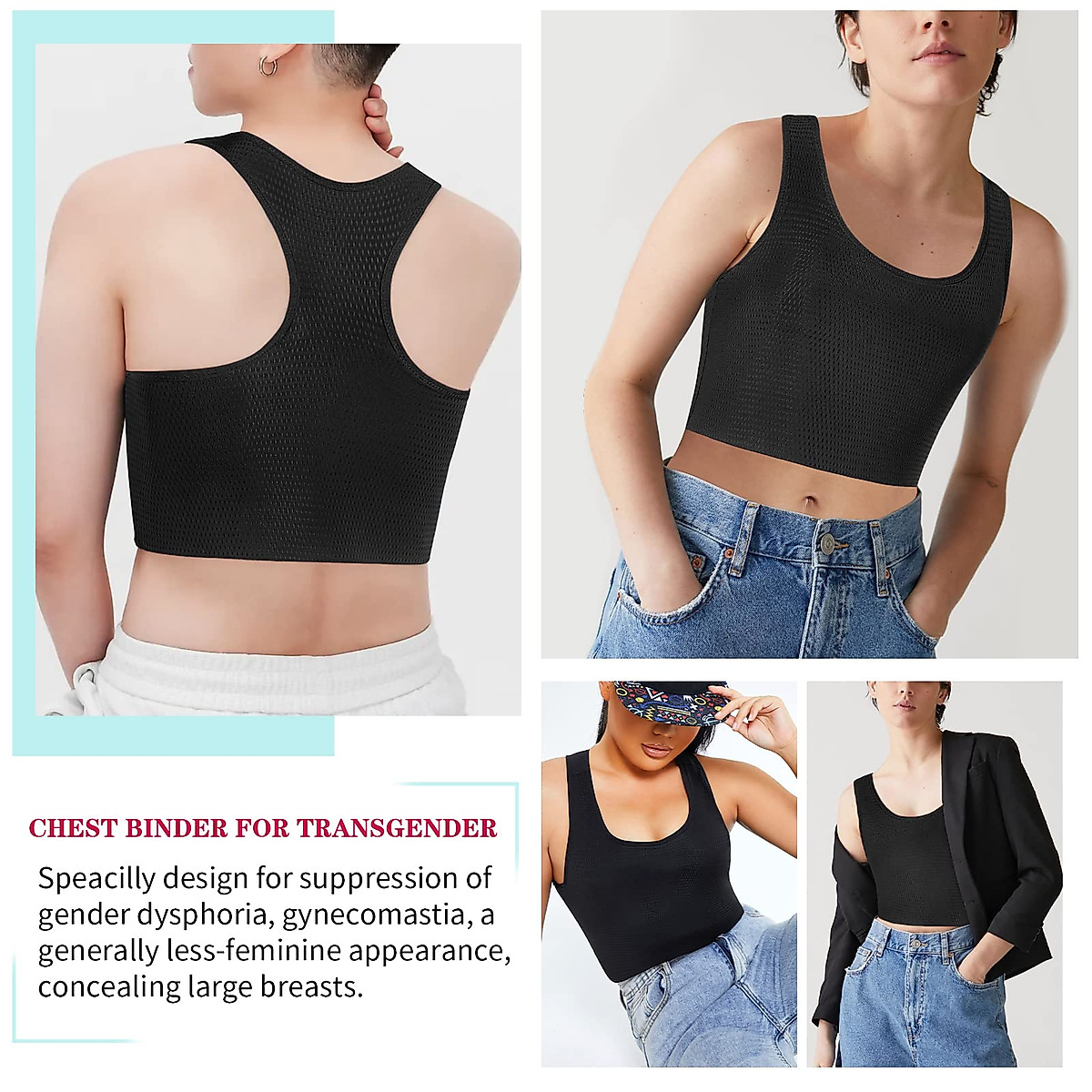 LODAY FTM Elastic Chest Binder Women Transgender Tomboy Trans Breathable Breast Binder Pullover Tank Top(Medium, Black)