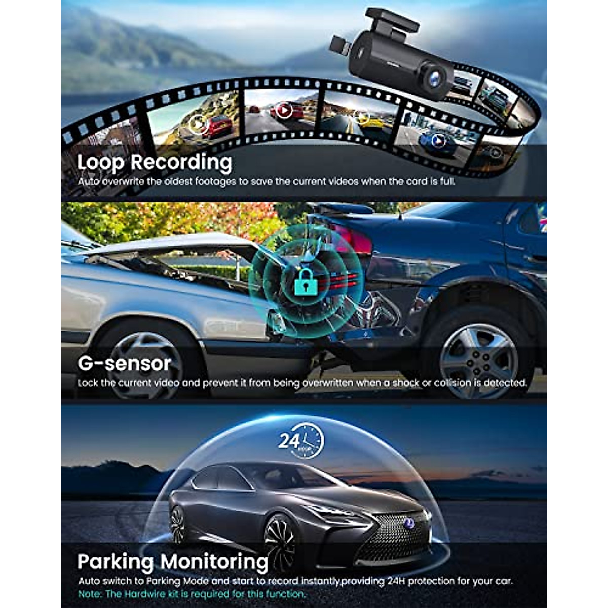 Car Camera 2.5K UHD Dash Cam, WiFi Dash Camera for Cars, Front Dashcam for Cars with Super Night Vision, WDR, 170°Wide Angle, Loop Recording, G-Sensor, 24 Hours Parking Monitor, APP, Support 128GB Max