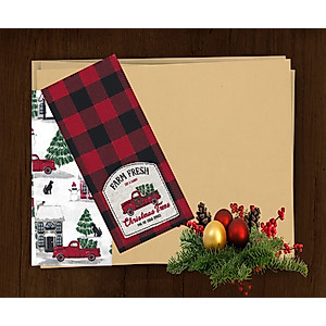 St. Nicholas Square Kitchen Hand Towels, Set of 2, Farm Fresh Christmas Trees Appliqued Embroidery Red Truck, Red and Black Buffalo Plaid Flat Cotton Dishtowels for Home Decorating