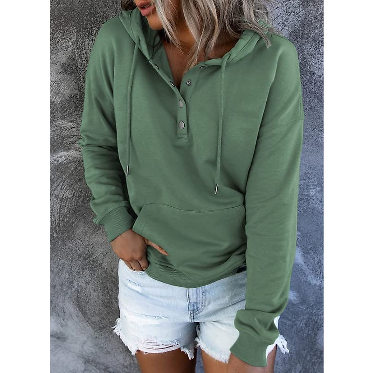 Dokotoo Women's Fashion Hoodies & Sweatshirts Drawstring Long Sleeve Front Button Collar Hooded Pullover with Pockets Winter Sweatshirts for Women Plus Size Casual Ladies Fall Shirt Tops XXL Green