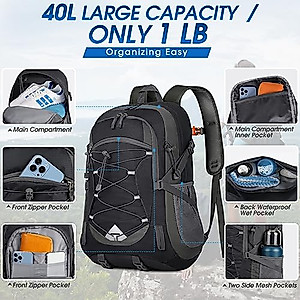 Lightweight Hiking Backpack 40L Packable Daypack for Men Women Waterproof Camping Bag Foldable Outdoor Sport Travel Climbing Trekking Camping, Black