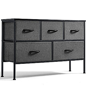 LINSY HOME 5 Drawer Dresser Long Wide Chest of Drawers Nightstand with Wood Top Rustic Storage Tower Storage Dresser Closet for Living Room, Bedroom, Hallway, Nursery, Kid