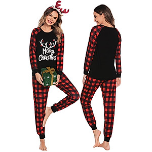 SWOMOG Christmas Matching Couple Pajamas Sets Family Xmas Jammies Casual Long-Sleeve Sleepwear Sets Festival PJ Set Women and Men Merry Chrismas Large