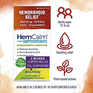 Boiron HemCalm Suppositories for Hemorrhoid Relief of Pain, Itching, Swelling or Discomfort - 10 Count (Pack of 2)