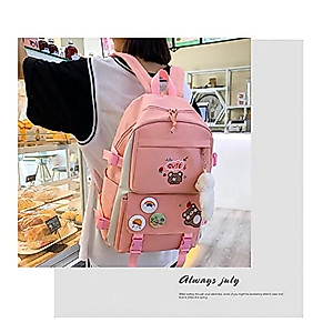 MOJIDUO 5Pcs Set Kawaii Backpack with cute plush Pendants & Badge,19 gallon capacity School Bag Cute Aesthetic Backpack