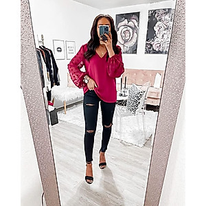 GOORY Women's Balloon Sleeve Chiffon Blouse Top Casual V Neck Swiss Dots Work Shirts, Wine Red XL