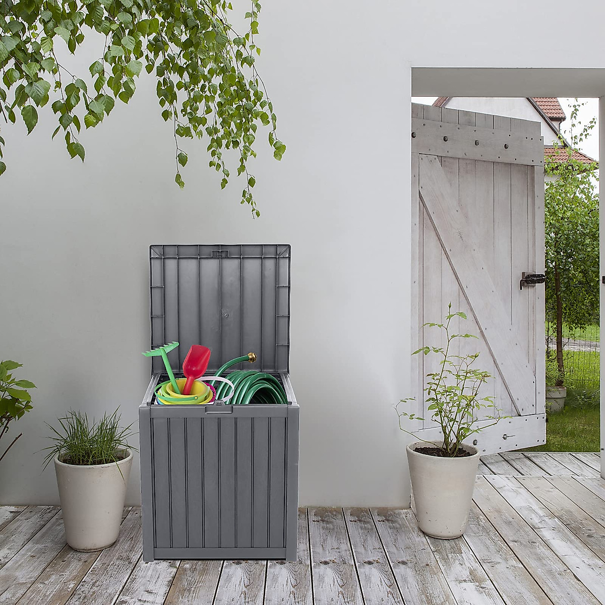 VINGLI 51 Gallon Outdoor Deck Box, Plastic Deck Box Design with Convenient Handles, Lockable Storage Box for Patio, Garden, Backyard and Balcony (Grey)