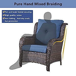 Belord Patio Furniture Conversation Sets 2 Peices Wicker Chairs, Wide Armchair Outdoor Furniture Sets for Porch, Balcony, Backyard, All Weather Brown Wicker Chair with Blue Cushion