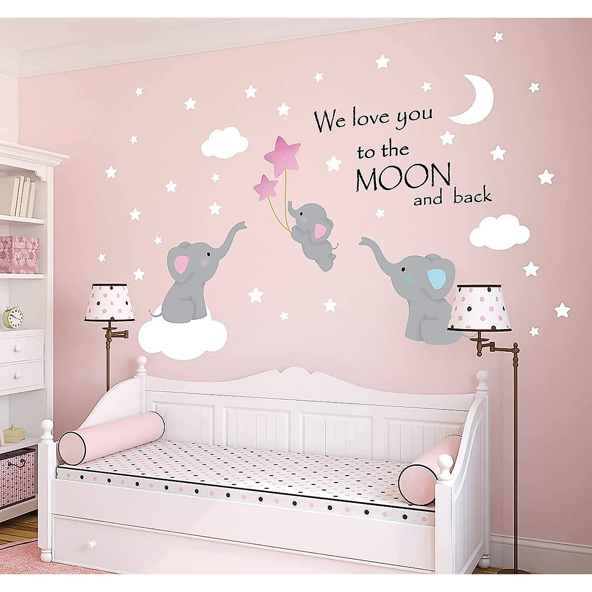 Family Elephant Wall Decal Baby Nursery Decor Kids Room Wall Stickers Large Cute Lovely Elephant Decals with Moon Stars Quote Home Decorations Love You to The Moon and Back 60''W x48''H
