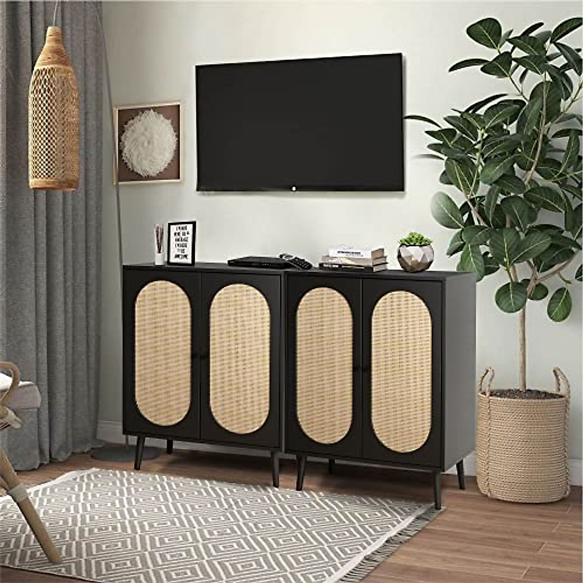 Sideboard Buffet Cabinet, Kitchen Storage Cabinet with Rattan Decorated Doors, 4 Doors Console Table Buffet Cabinets with Adjustable Shelves for Kitchen Dining Room Living Room Hallway(Black,2 Sets)