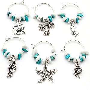 Beach Wine Glass Charms - Coastal Seashell Starfish Palm Tree Mermaid Nautical Summer Ocean Tropical Party Décor