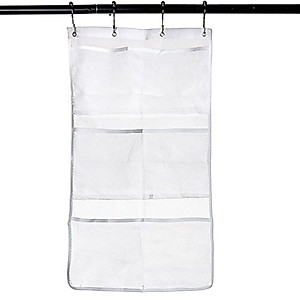 AKOAK 1 Set White 6-Packet Quick Dry Mesh Pockets Fabric Hanging Caddy and Bath Organizer Hang on Shower Curtain Rod/Liner Hooks with 4 Rings