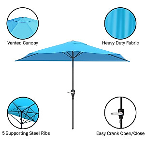 Half Umbrella Outdoor Patio Shade - 9 ft Patio Umbrella with Easy Crank - Small Canopy for Balcony, Table, or Deck by Pure Garden (Brilliant Blue)
