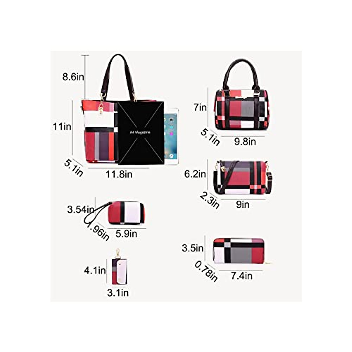 GJGJTER Women Synthetic PU Leather Tote Satchel Crossbody One-shoulder Portable Messenger Bag 6pcs Set Top-Handle Handbags-Black