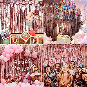 4 Pack Rose Gold Fringe Curtain -12.8x8.2 Feet, Slmeno Rose Gold Fringe Backdrop Thick Glitter Tinsel Foil Curtain, Rose Gold Backdrop Curtain Birthday Party, Rose Gold Party Decorations Bachelorette