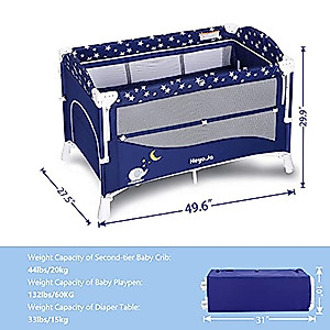 Heyo.Ja Double Layer Baby Playard, 5 Height Adjustable Crib,Changing Diaper Rack,Foldable Bassinet Bed with Luxury Mosquito Net,Starry Sky Fence,Two Toys Bag,Wheels & Brake, Carry Bag (Navy)