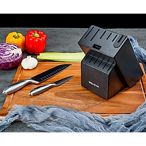 12 Slot Kitchen Knives Block, WELLSTAR Natural Wood Knife Holder without Knives – Hard Wood Countertop Knife Storage with Built-in Knife Sharpener - Black