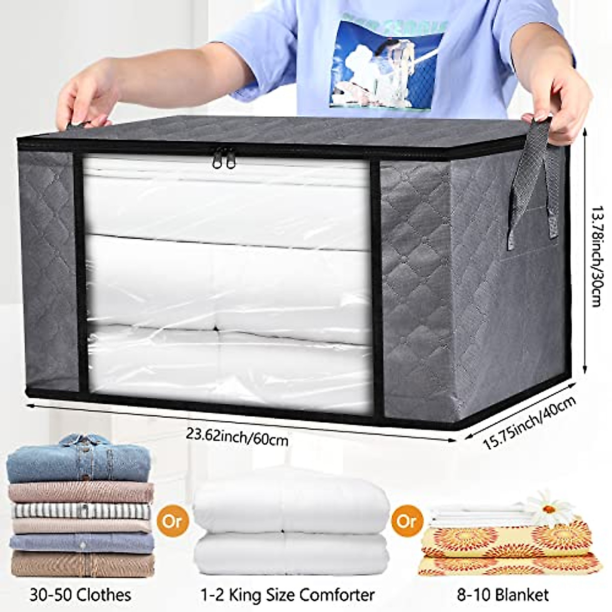 12 Pack Jumbo Clothes Storage Bins Bags 90L Large Capacity Blanket Organizer Containers, Foldable Storage Closet Containers with Clear Window Handle for Organizing Clothing Bedroom Comforter (Grey)